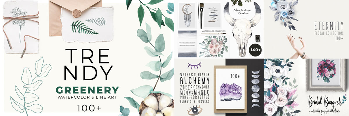 600 Watercolor Design Elements Bundle: Textured Backgrounds, Shapes ...