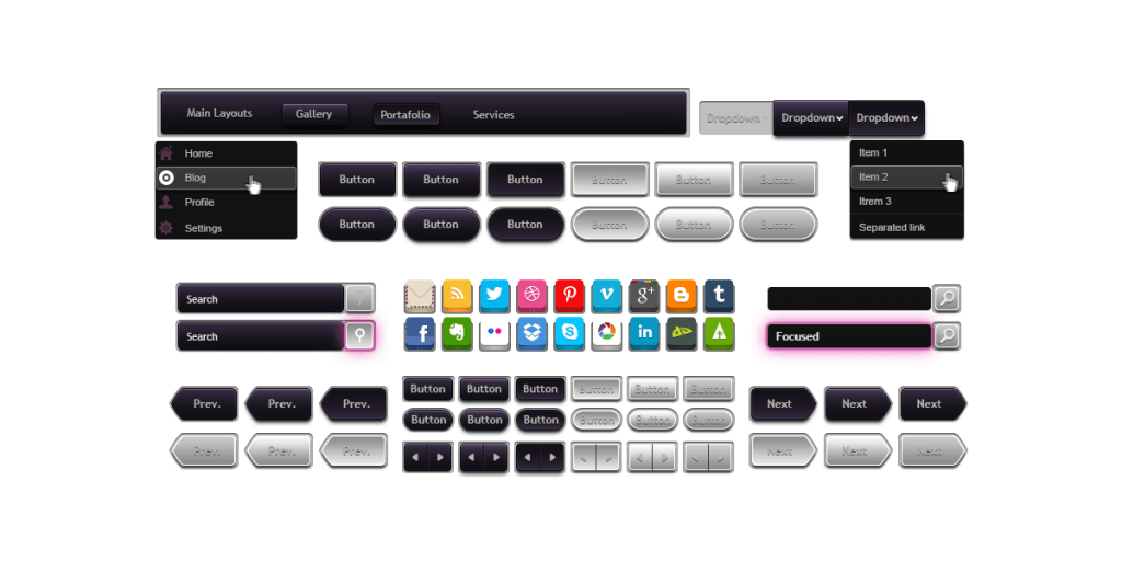Hades PSD GUI: Menus, Tabs, Sliders, Buttons, Icons, Scrollbars, Players, Widgets, Text Elements